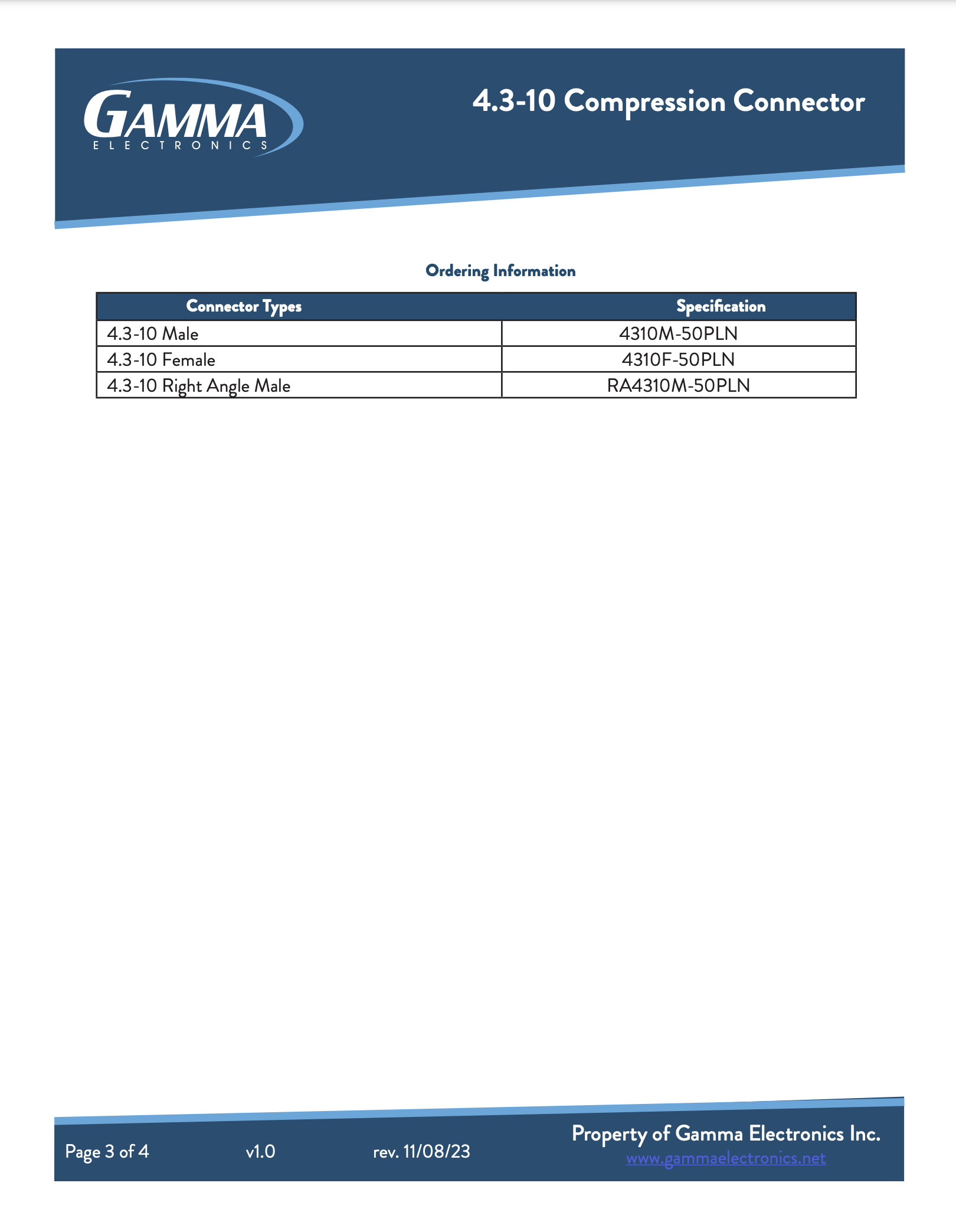 Gamma RF Compression Connectors 4.3-10 male – Gamma Electronics